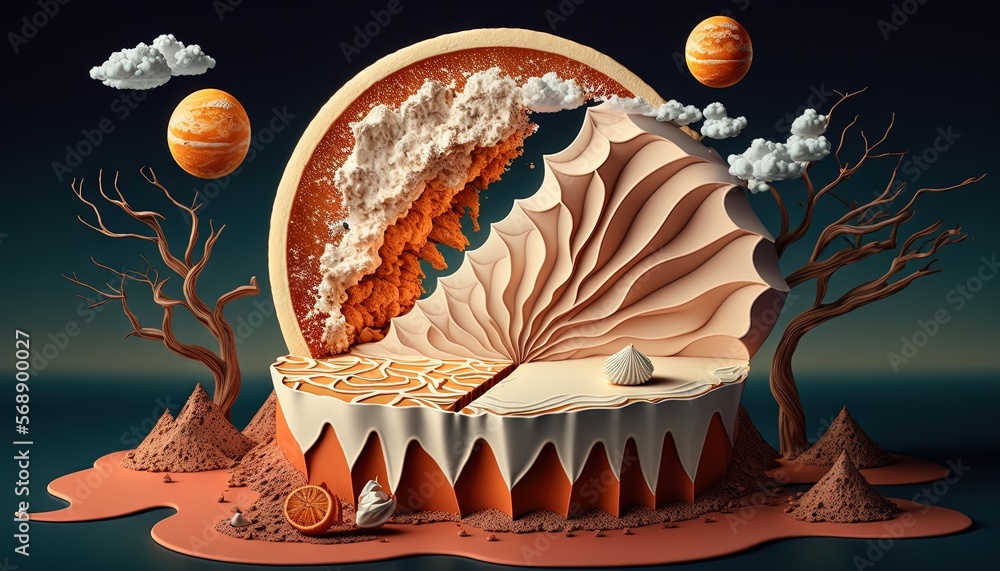 an artistic illustration of a giant seashell with a slice cut out of it ...