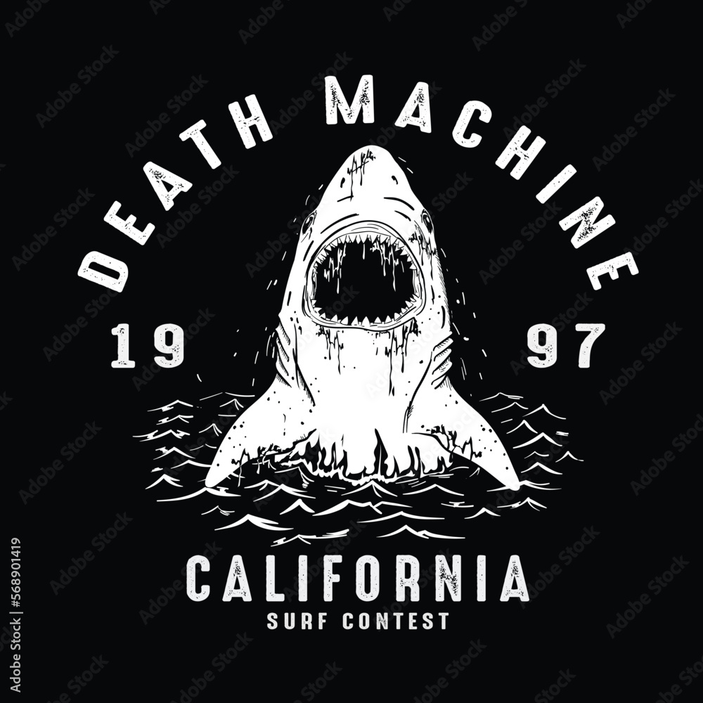 Hand drawn vintage label with a shark and lettering. For apparel t ...