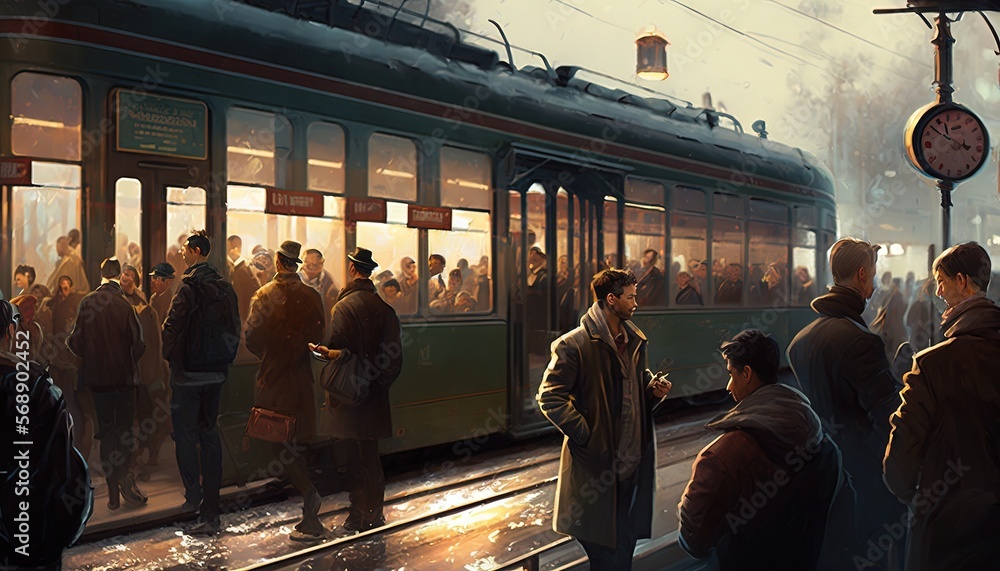 a painting of a crowded train station with people waiting for the train ...