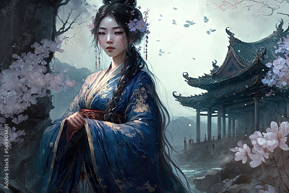 illustration beautiful woman portrait of an Asian princess in palace's ...