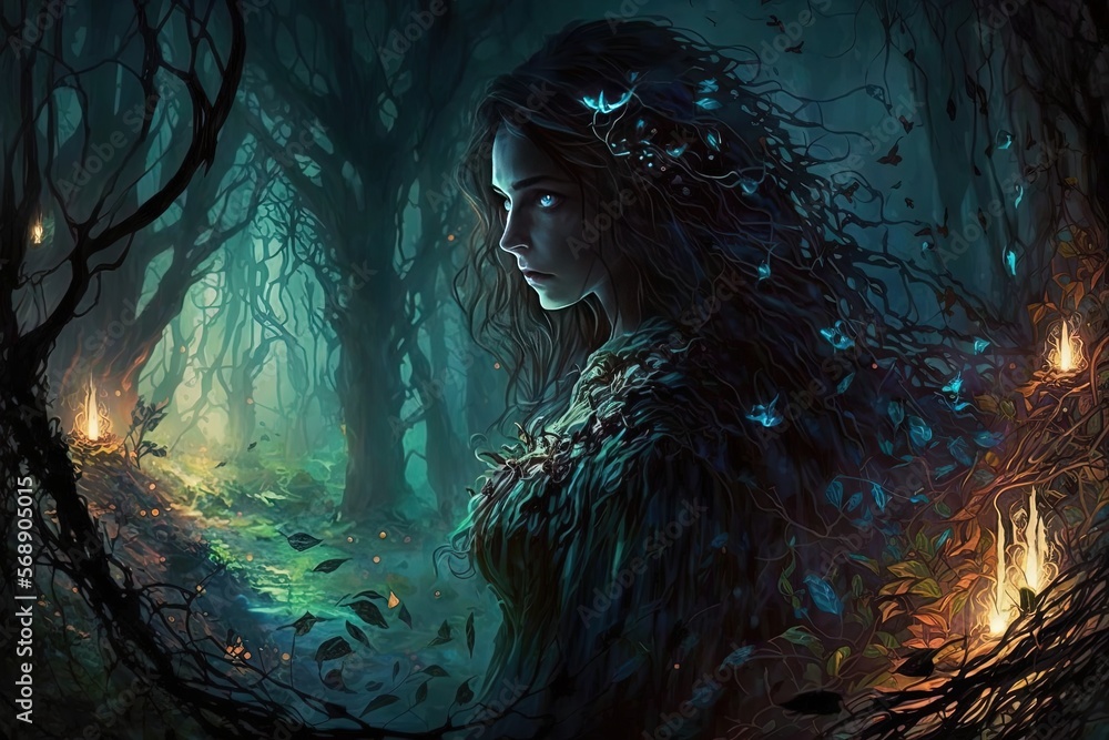 Ancient Celtic powerful fairy in magic wood with magic energy emerge as ...
