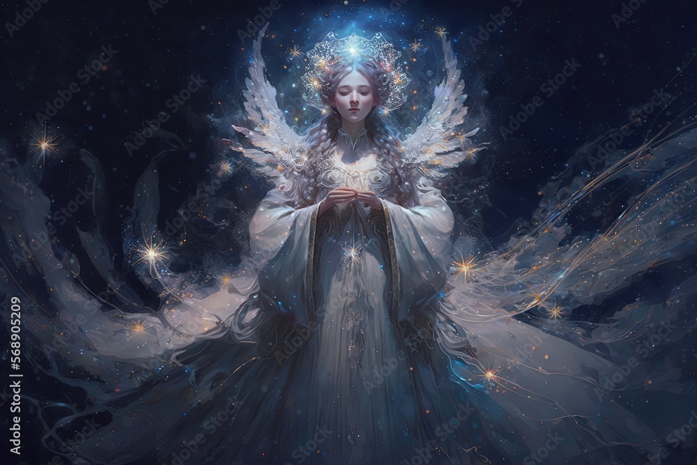 beautiful angel wearing white dress with holy light surround ...