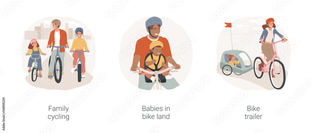 Family cycling isolated cartoon vector illustration set. Happy parents ...
