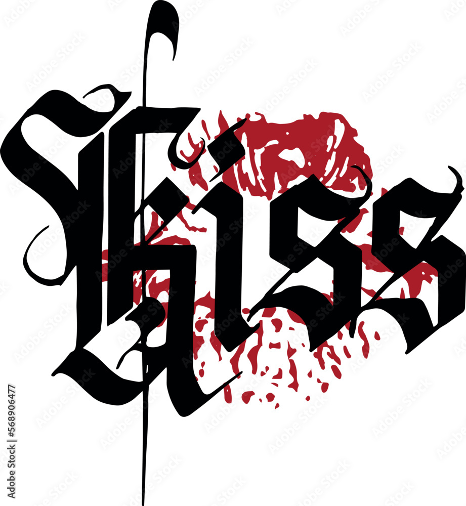 Vector word kiss written by black ink in gothic font and red lips print ...