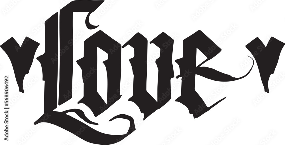 Vector word love in hand drawn style with simple hearts. Gothic font by ...