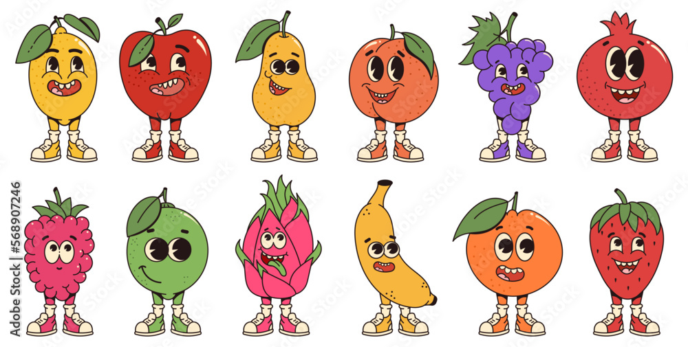 Set retro cartoon fruit characters. Modern illustration with cute ...