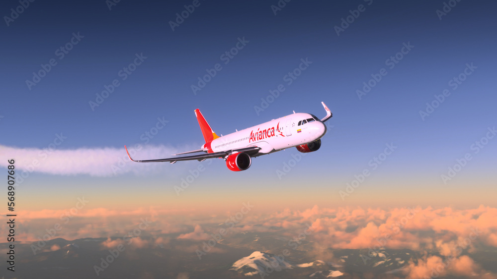 AirBus A320 Avianca flying over the clouds, 6 Fev, 2023, El Dorado ...