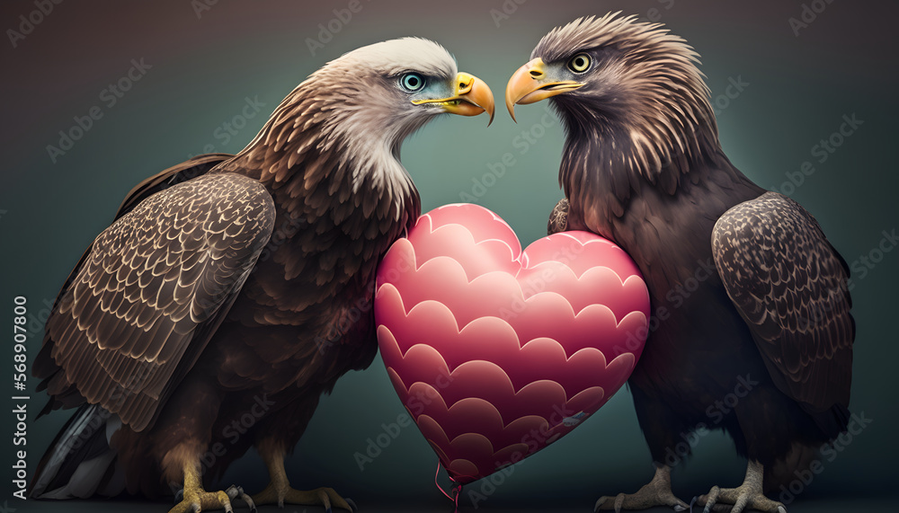 couple of eagles in love kissing, with a heart-shaped balloon on ...
