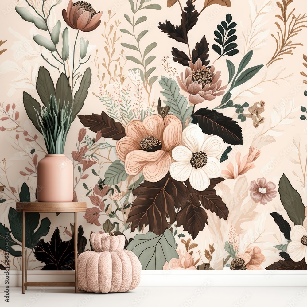 a cozy boho mockup interior design featuring muted boho florals with ...