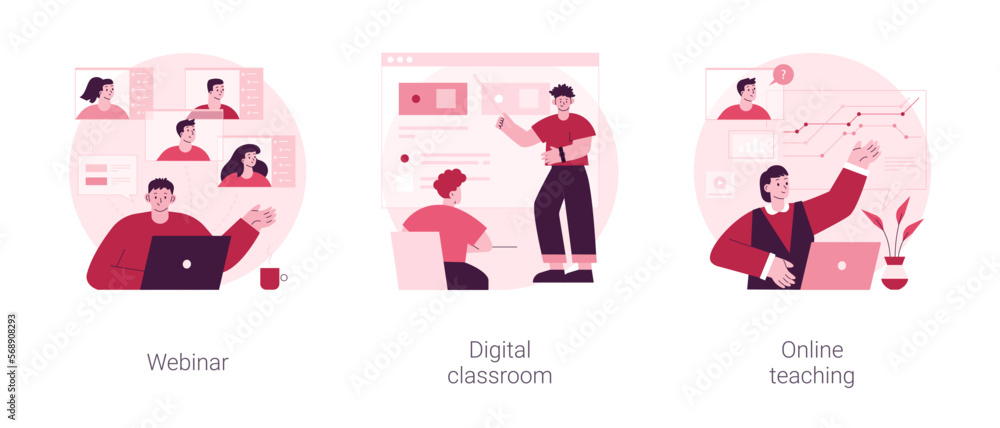 Online education abstract concept vector illustration set. Webinar ...