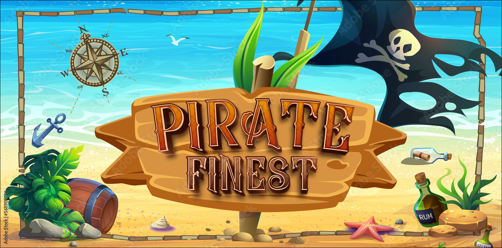 Pirate buried treasure chest on island beach. Vector cartoon character ...