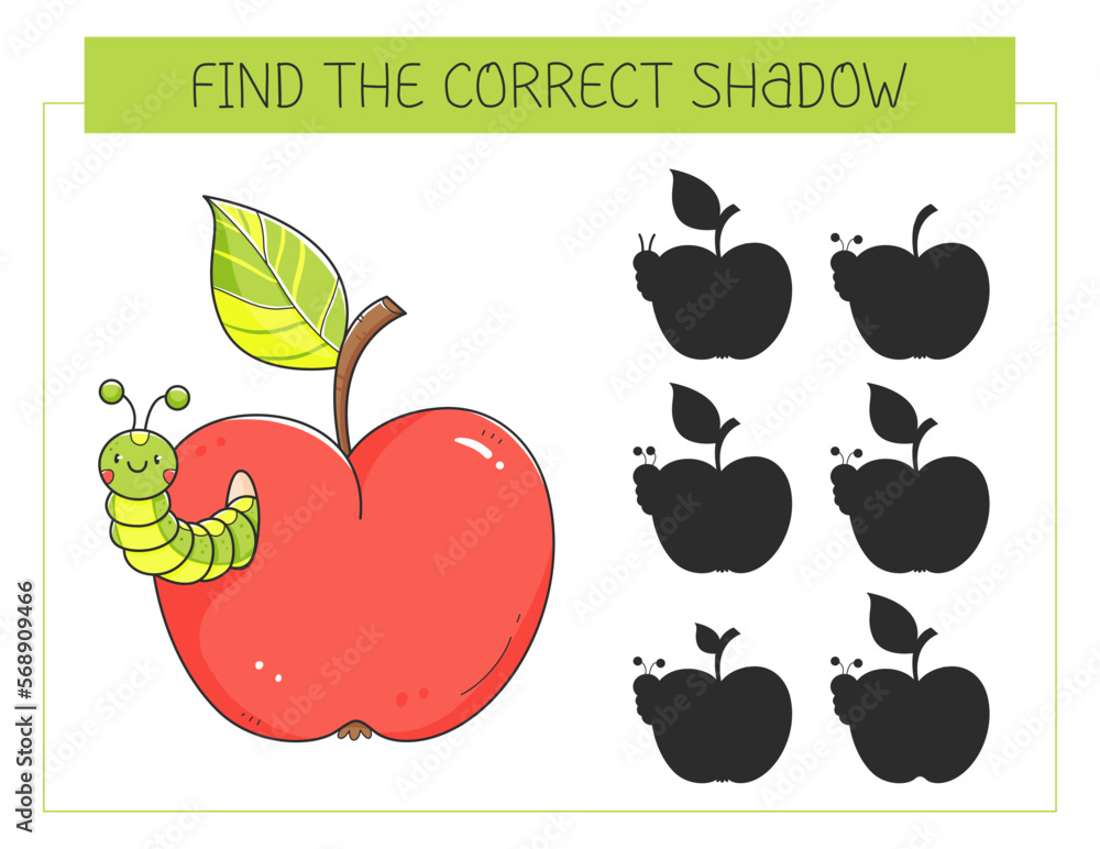 Find the correct shadow game with an apple and caterpillar. Educational ...
