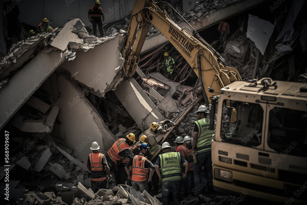 excavator and people sorting out the rubble after the earthquake rocket ...
