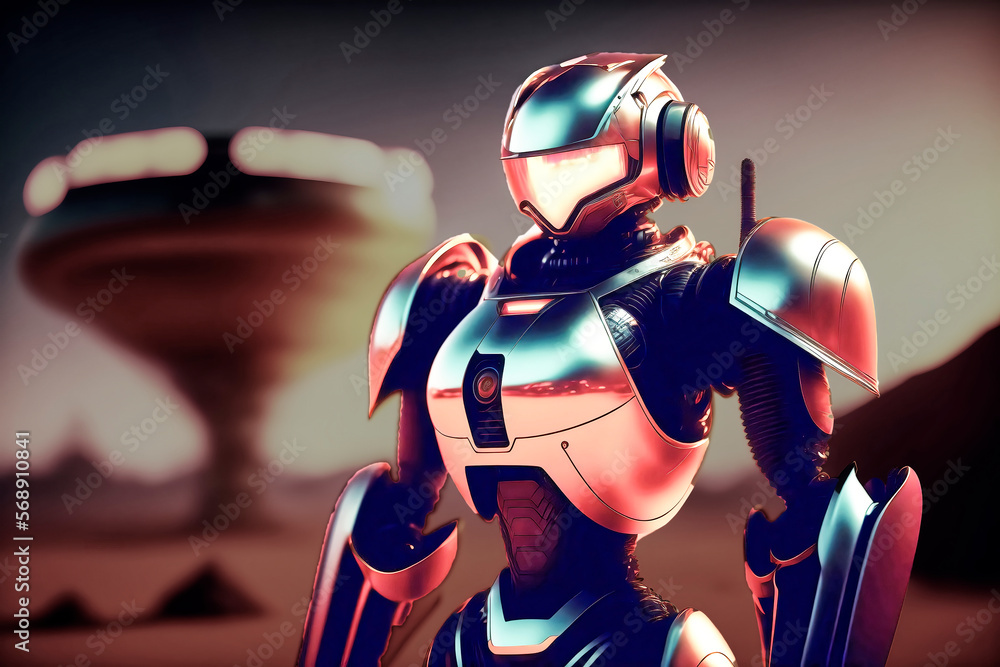 Sunset mood featuring a fully encased steel robot with a glowing ...