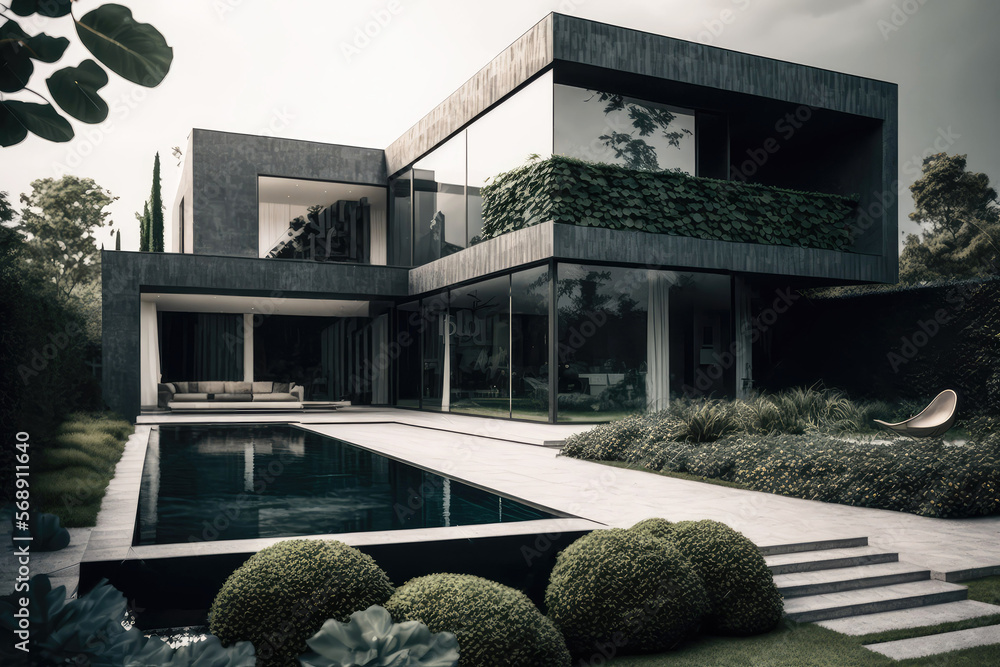 Modern villa with dark facade and a swimming pool, dark mood ...