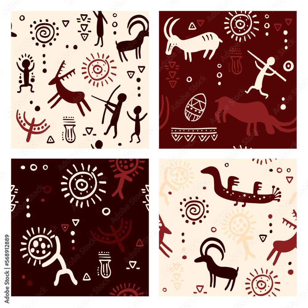 Set of seamless pattern with prehistoric petroglyphs - humans and ...