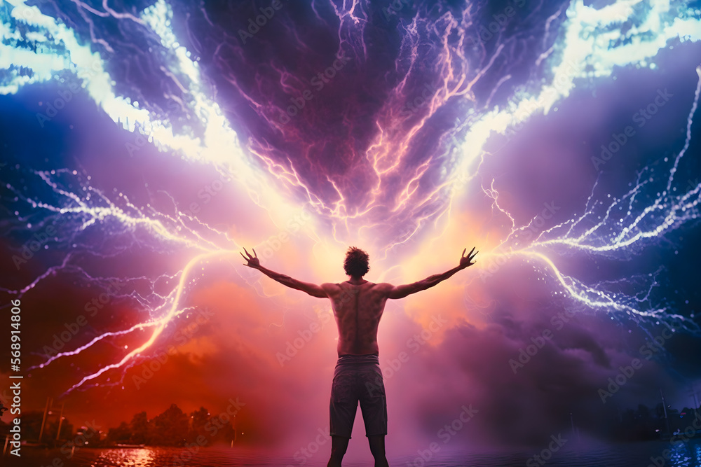 Lightning strike strikes one person with arms raised up during a ...