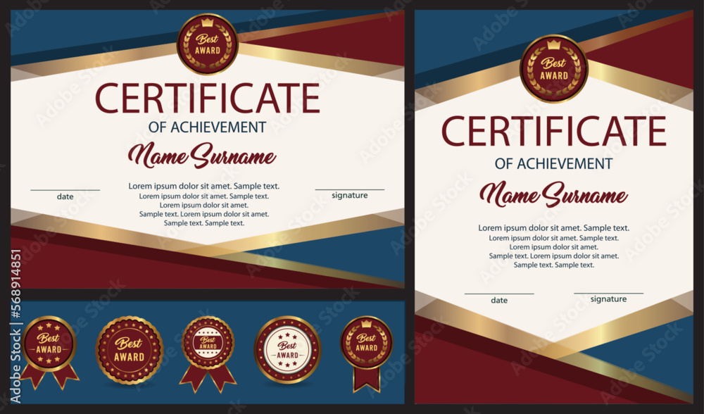 Certificate of achievement and premium best award label with ribbon ...
