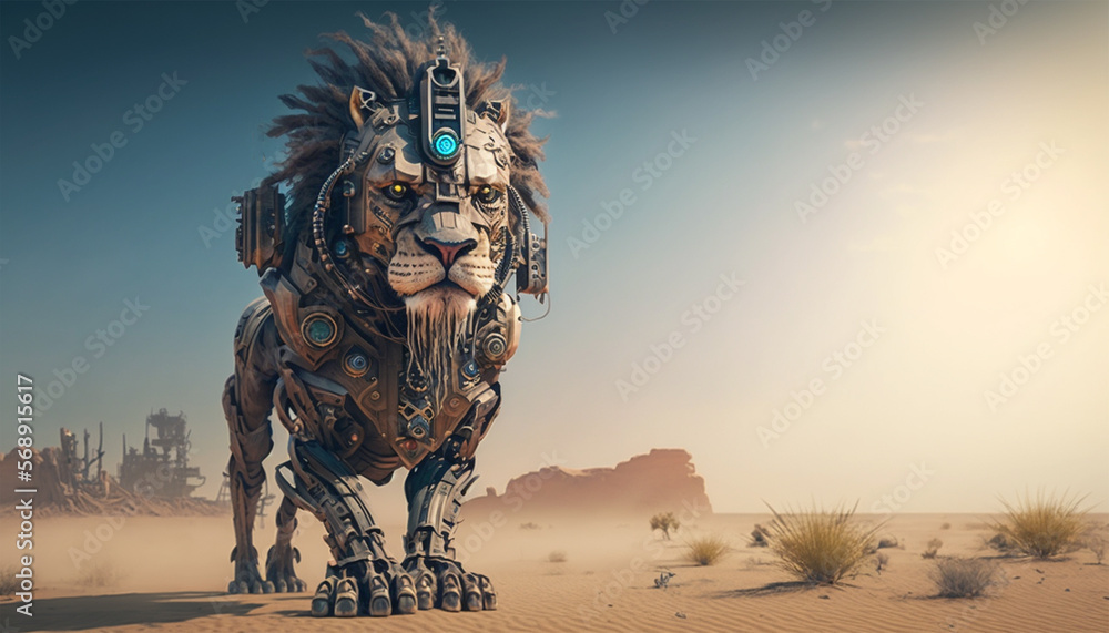 Lion head cyborg with cyberpunk style at desert with a scary face ...