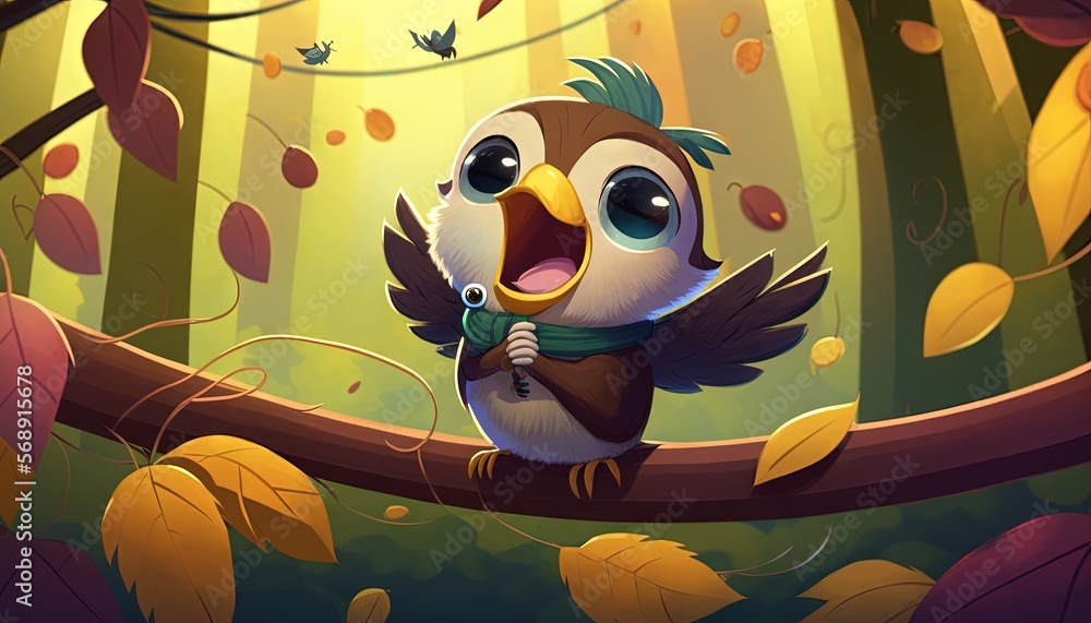 a cartoon bird sitting on a branch in a forest filled with leaves and ...