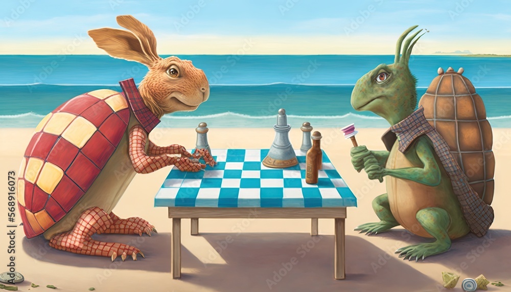 a painting of two tortoises playing chess on the beach with a turtle sitting on a chess board ...