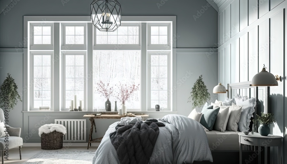 a bedroom with a large window and a bed with a white comforter and ...