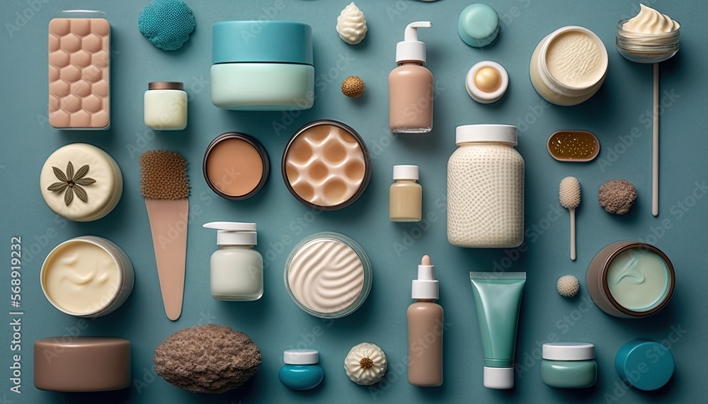 a collection of different types of cosmetics on a blue surface with a ...