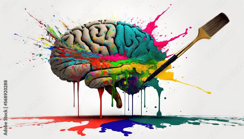a painting brush and a brain with paint splatters on it and a rainbow ...