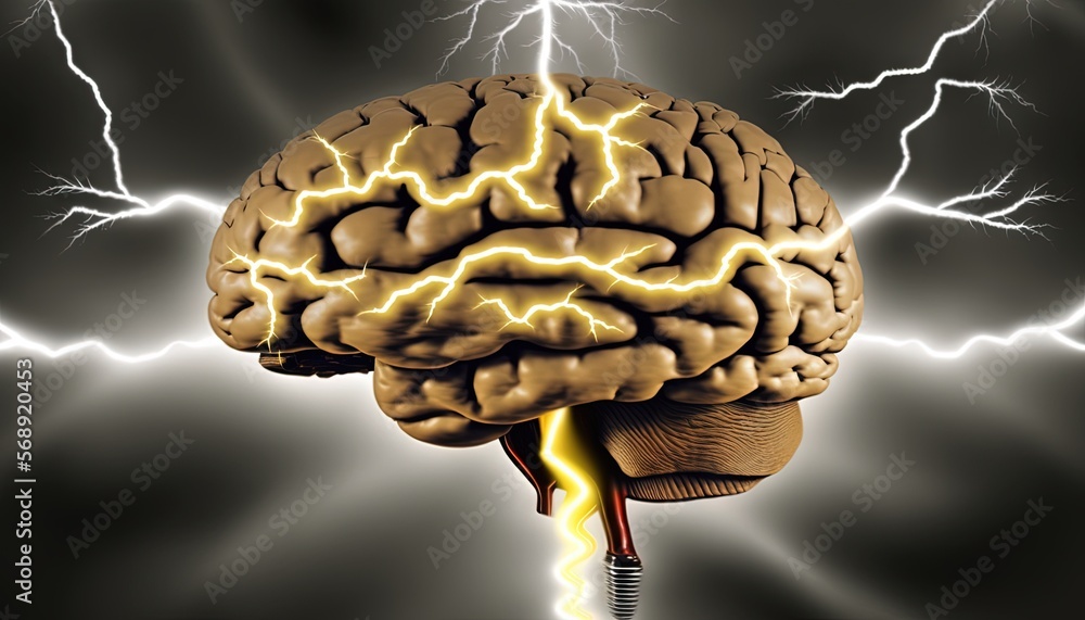 a drawing of a human brain with lightning in the sky behind it and a ...