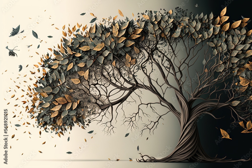 a painting of a tree with lots of leaves falling from it's branches and ...