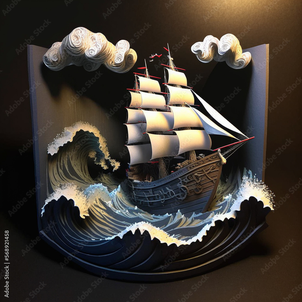 papercraft sculpture: sailing ship in storm (generative ai content ...