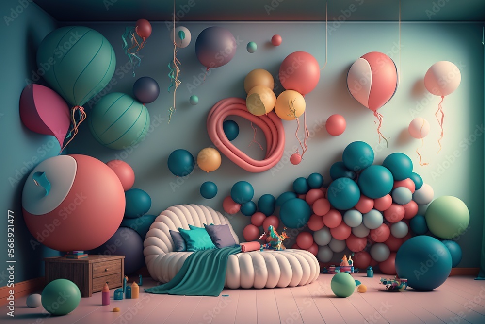 a room filled with balloons and a bed in the middle of the room with a ...