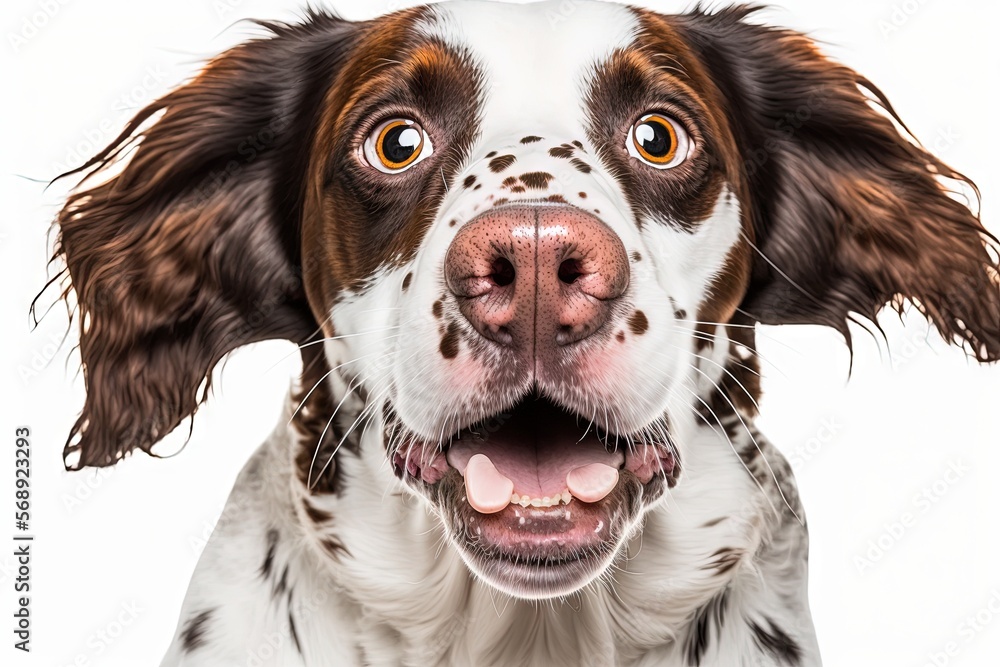 a close up of a dog's face with its tongue out and eyes wide open, with ...