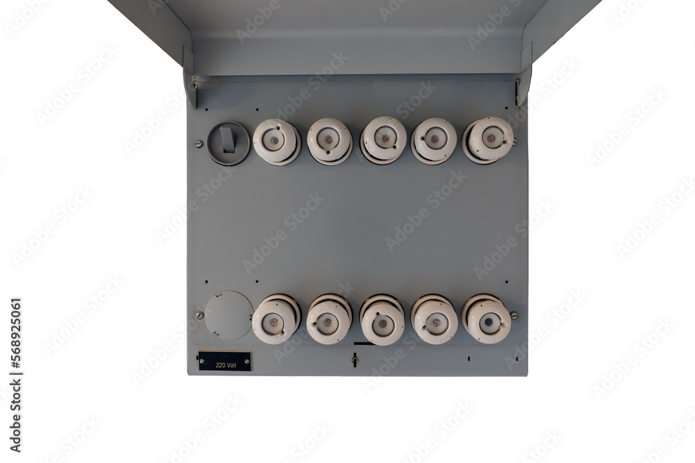 Old electrical fuse box with porcelain fuses in an older dwelling house ...