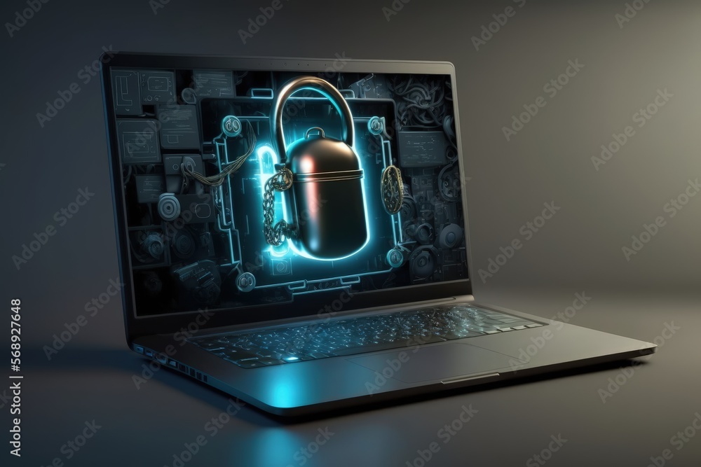 Laptop with padlock on screen, safe browsing concept, isolated on black ...