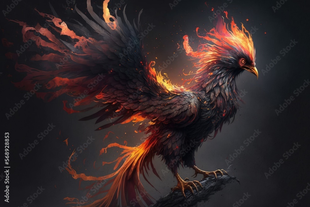 A phoenix with fiery red and orange feathers, rising from the ashes of ...