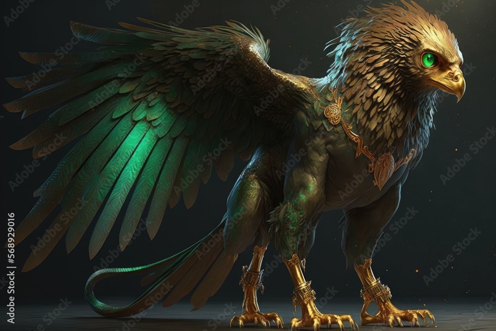 A griffin with golden feathers, sharp talons, and piercing emerald ...