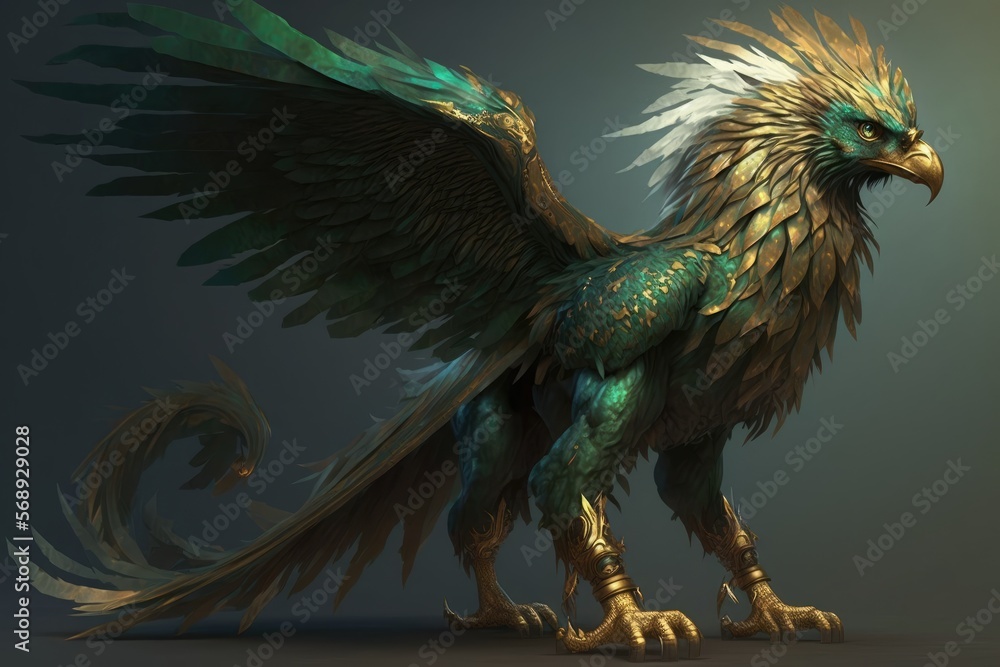 A griffin with golden feathers, sharp talons, and piercing emerald ...