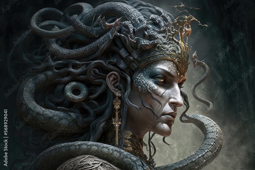 A gorgon with snakes for hair, turning its enemies to stone with a ...