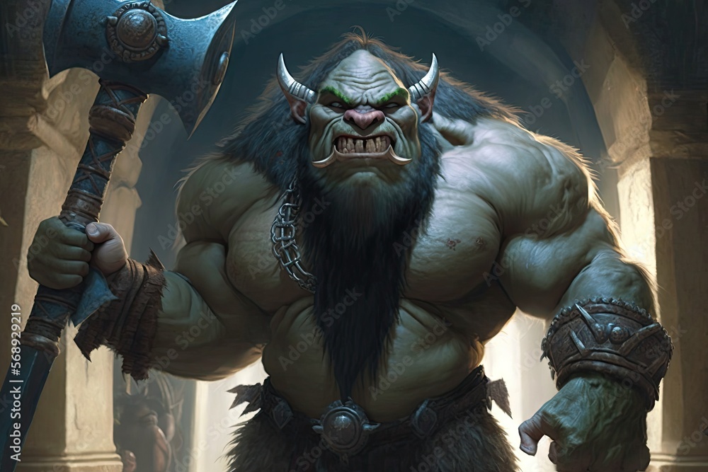 A giant ogre with thick, matted fur and jagged teeth, wielding a giant ...