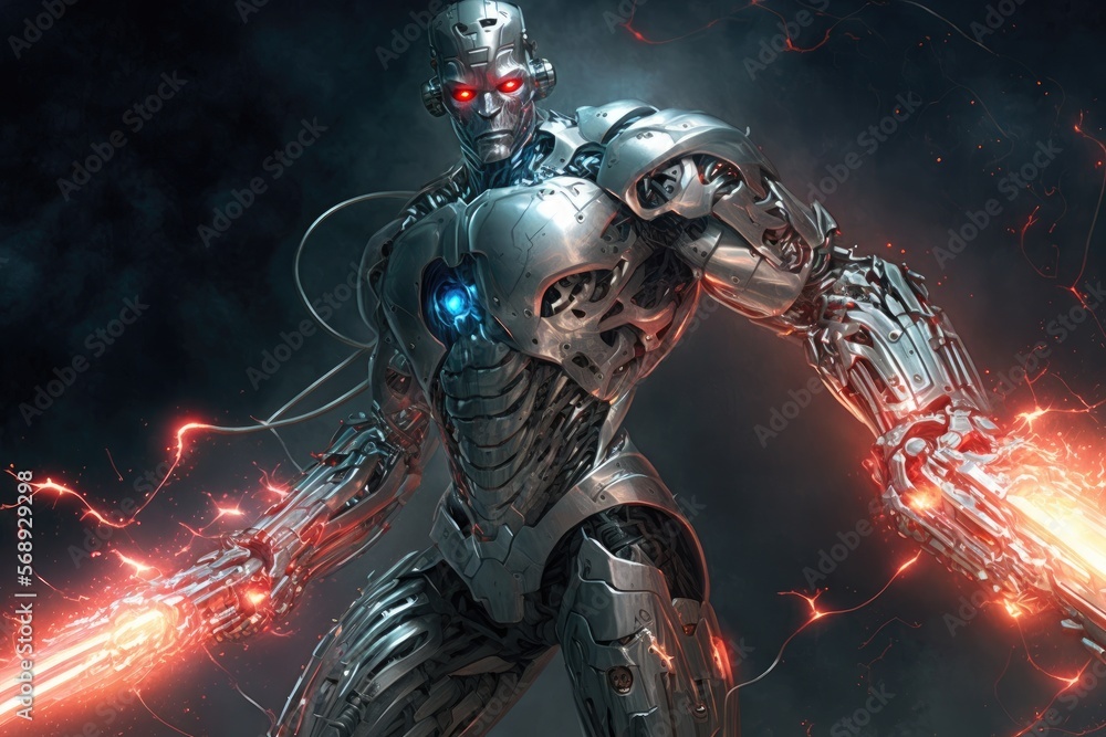 A cyborg with metallic arms, legs, and a face, wielding a laser gun ...