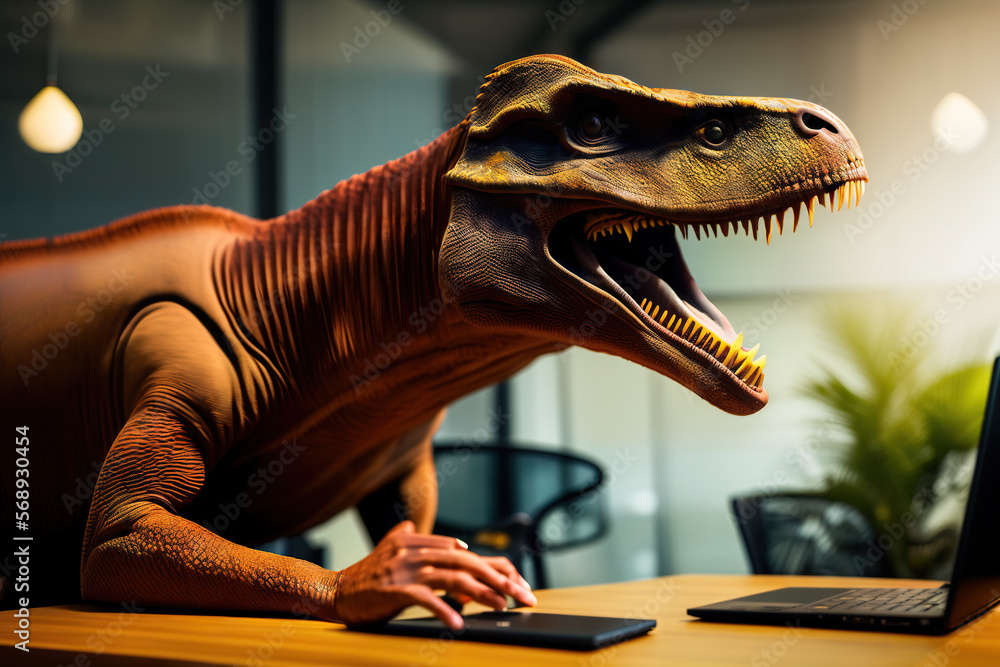 Dinosuar Occupies an Office Space Commanding a Work Station with a ...
