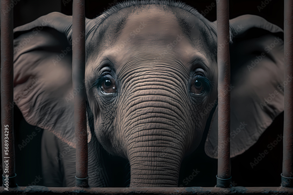 Portrait of elephant behind bars in lattice cage. Concept Unlawful ...