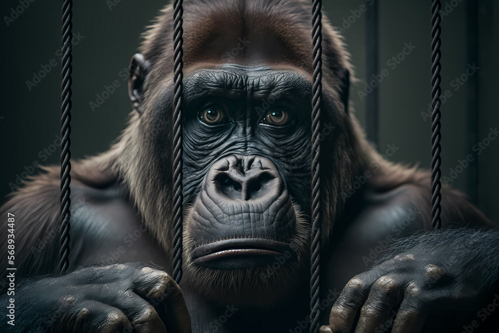 Portrait of monkey gorilla behind bars in lattice cage. Concept ...