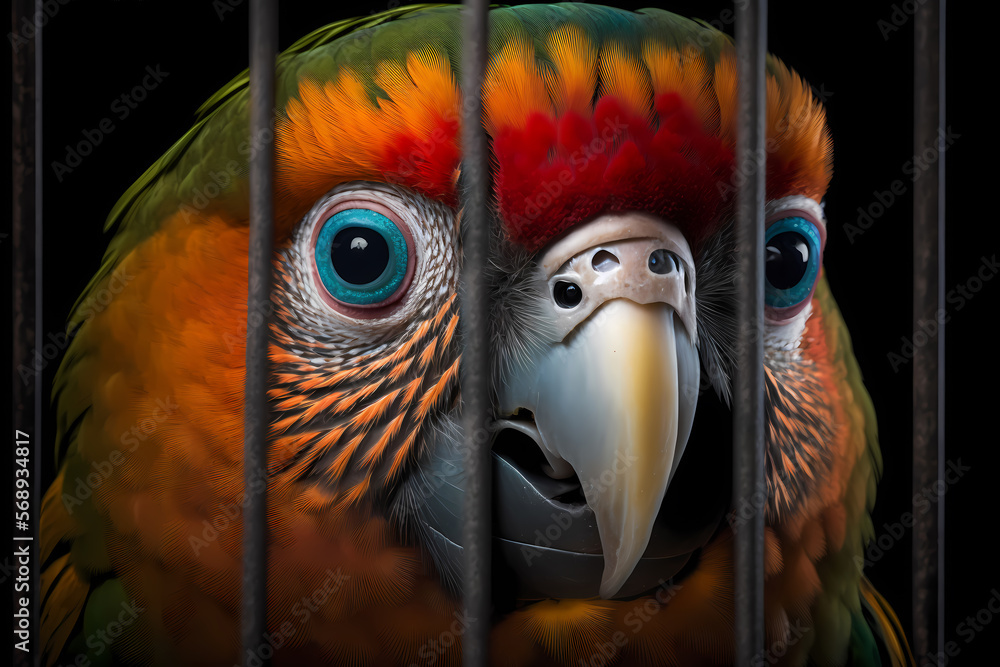 Portrait of parrot behind bars in lattice cage. Concept Unlawful ...