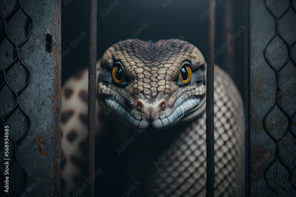 Portrait of cobra snake behind bars in lattice cage. Concept Unlawful ...