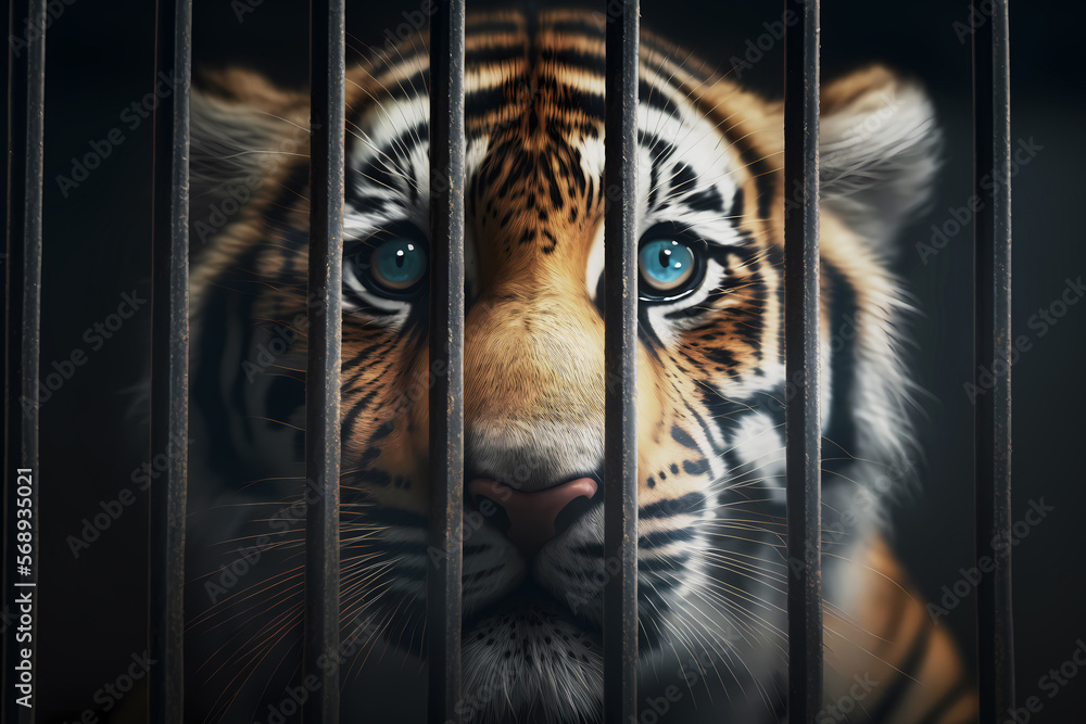 Portrait of tiger behind bars in lattice cage. Concept Unlawful ...