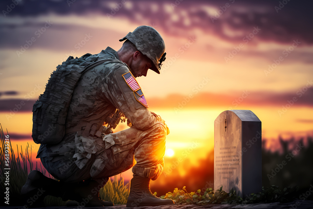 Military man kneeling of grave fallen soldier, sunset. Concept veteran ...