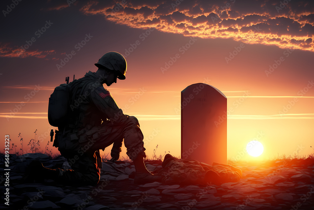 Military man kneeling of grave fallen soldier, sunset. Concept veteran ...