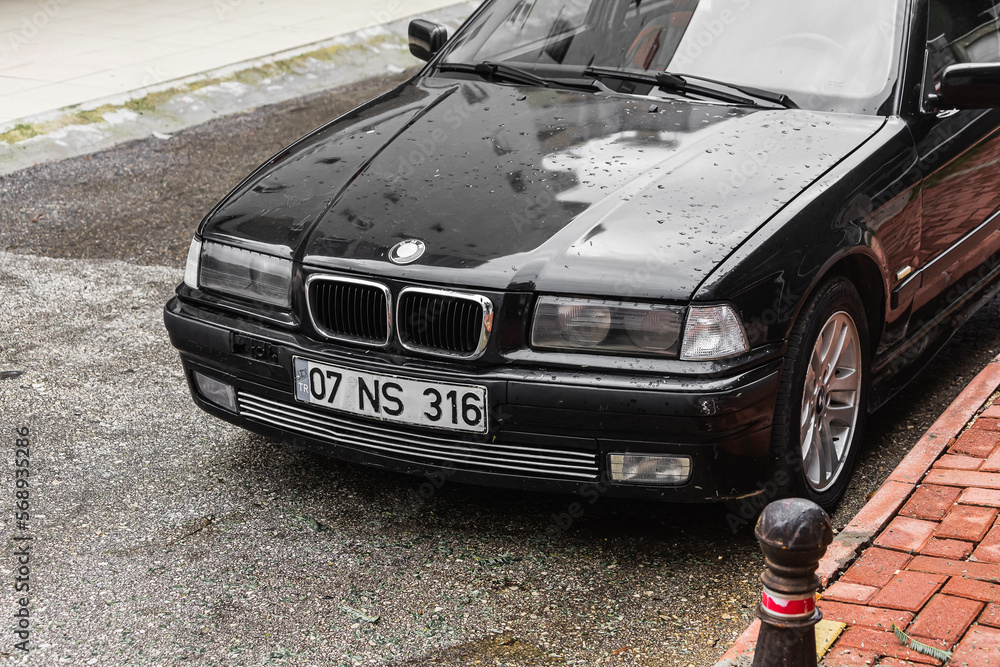Side, Turkey – January 2023: BMW 3-series Black car side view: fender ...